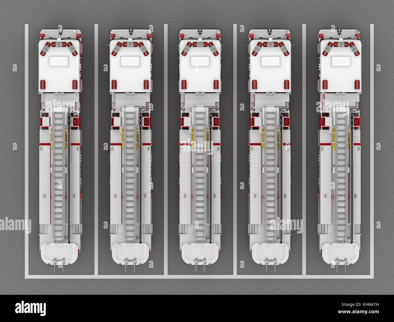 Parking of fire trucks top view. 3d rendering Stock Photo - Alamy
