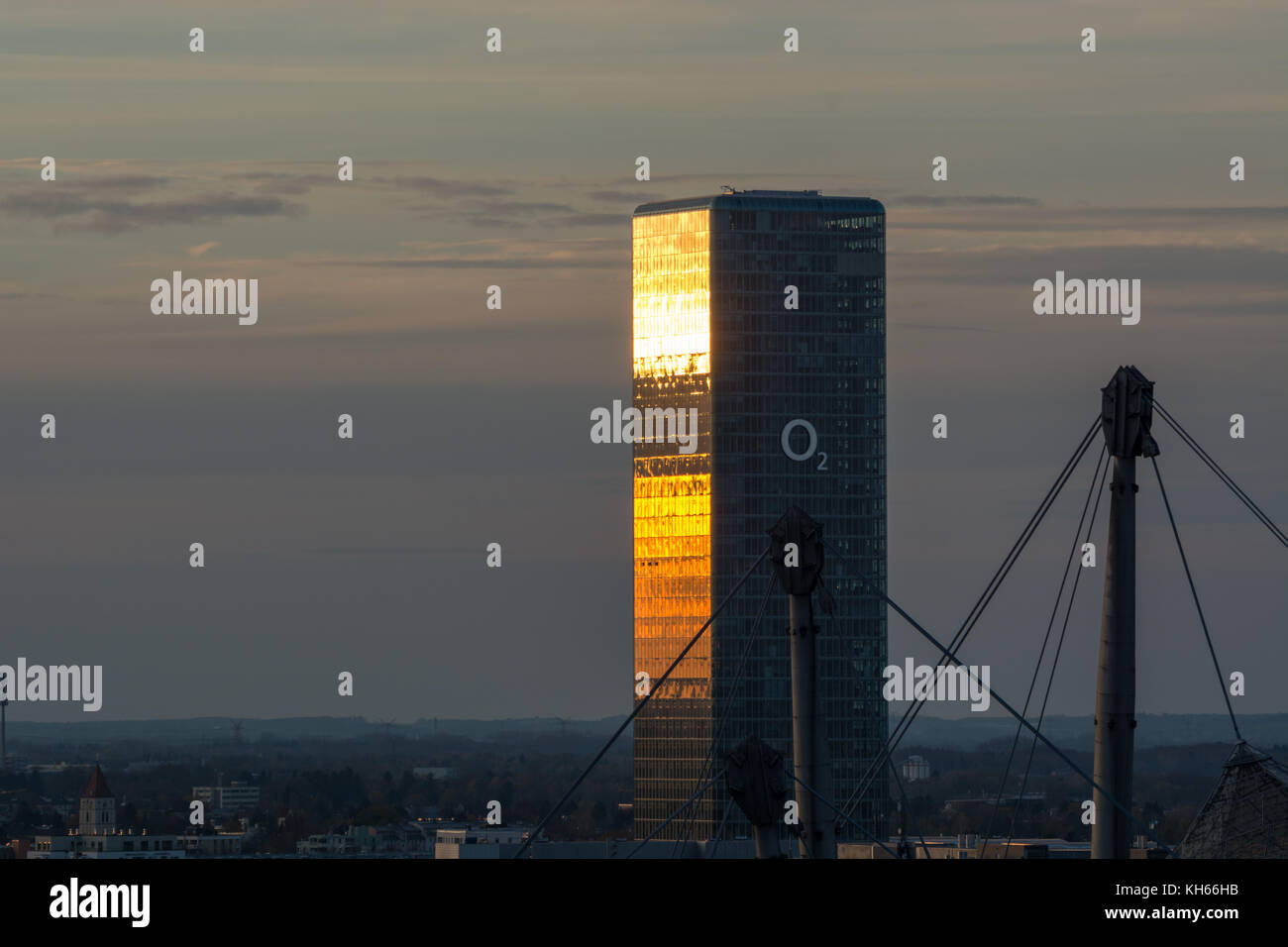 MUNICH, GERMANY - November 3, 2017: The Glowing O2 building next to ...