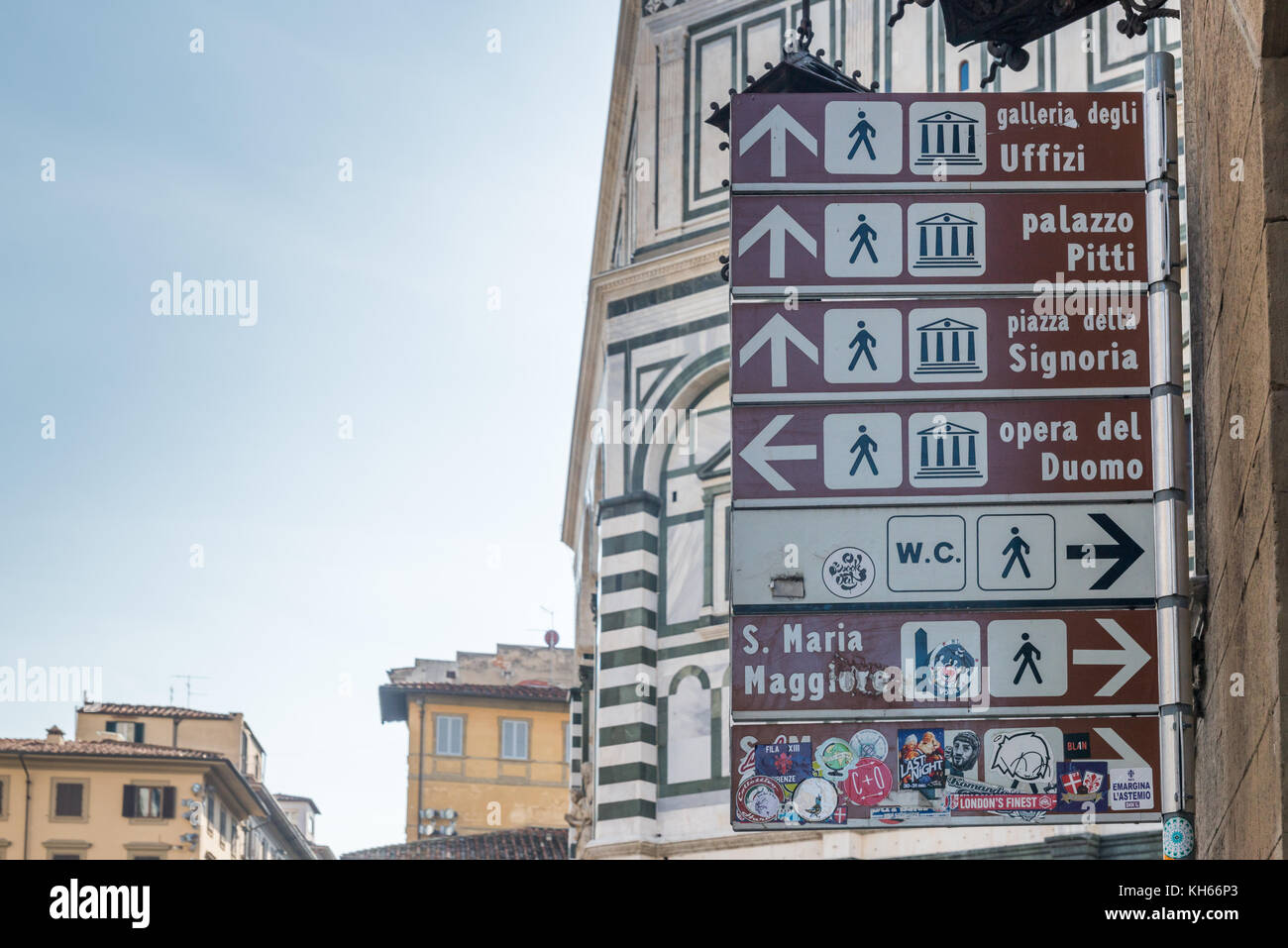 Street signs to popular tourist attractions in Florence, Tuscany, Italy ...