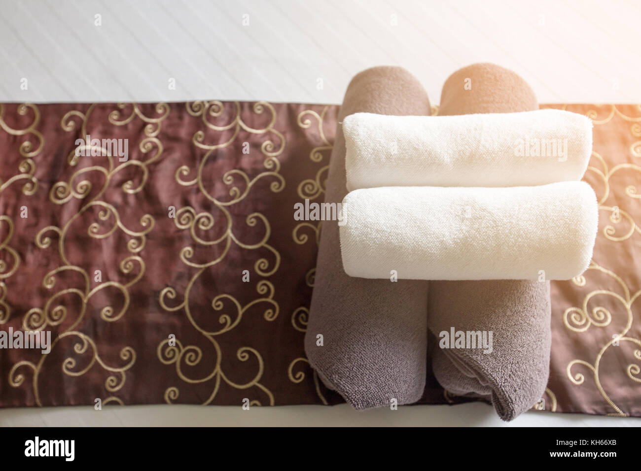 Close-up of hotel bedroom towels, Towels in hotel room select focus ...