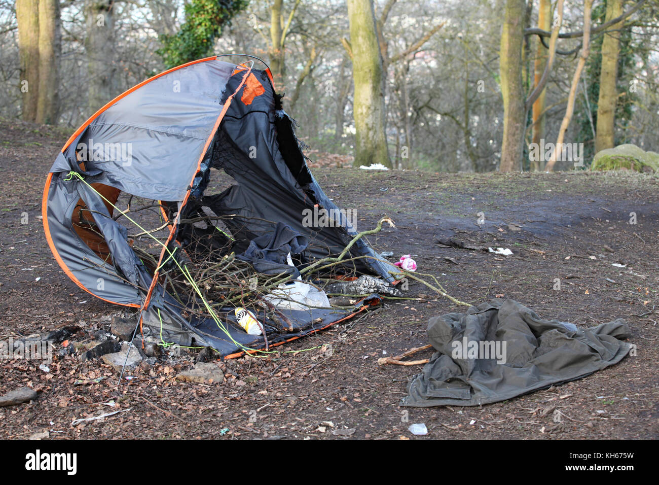 A tent lies ripped and abandoned in a clearing in the woods on ...