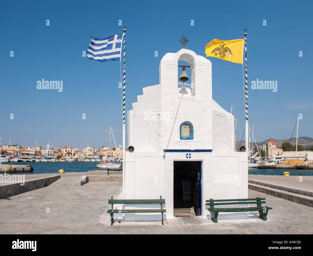 Small Greek chapel located at Aegina harbor. Aegina is a Greek island ...