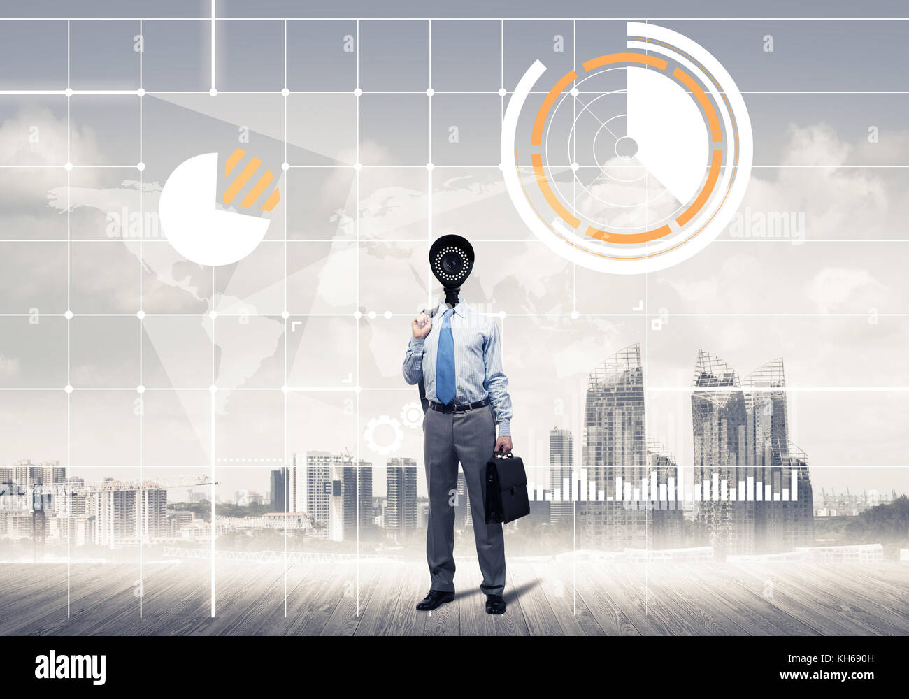 Camera headed man standing on wooden floor against modern citysc Stock ...