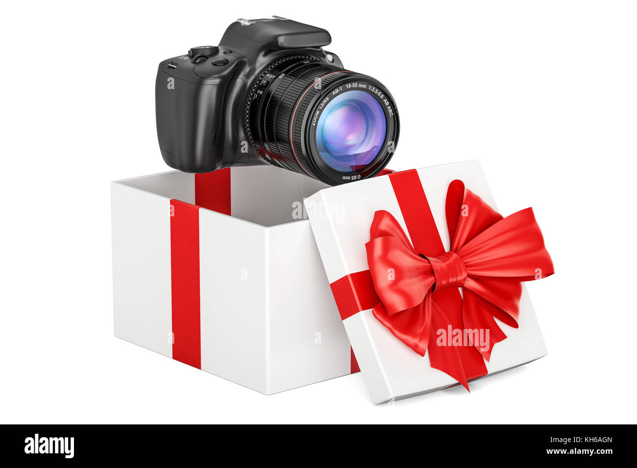 Gift concept, digital camera inside gift box. 3D rendering Stock Photo ...