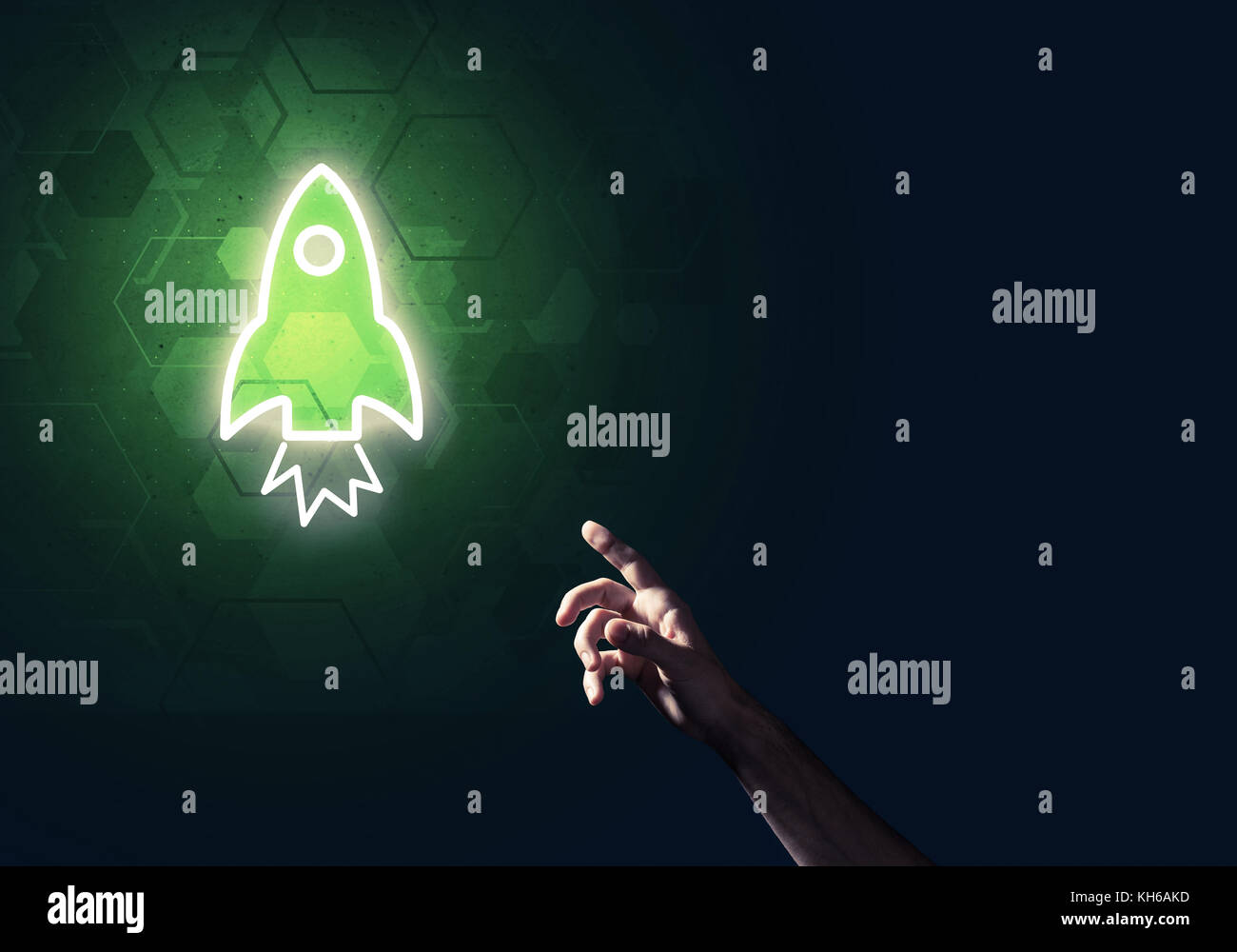 Man palm presenting Rocket web icon as technology concept Stock Photo ...