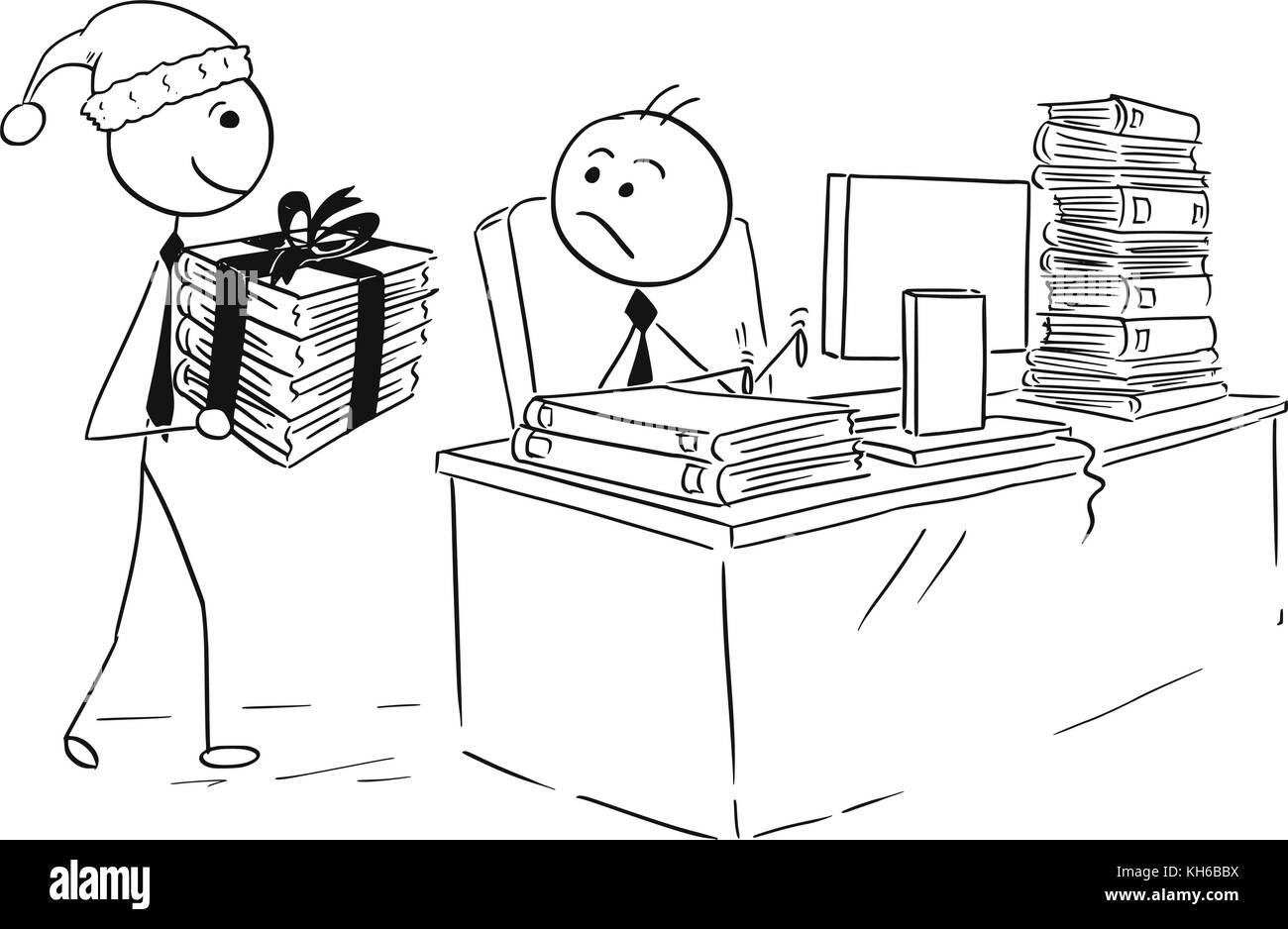 Cartoon stick man drawing illustration of man working on computer in ...