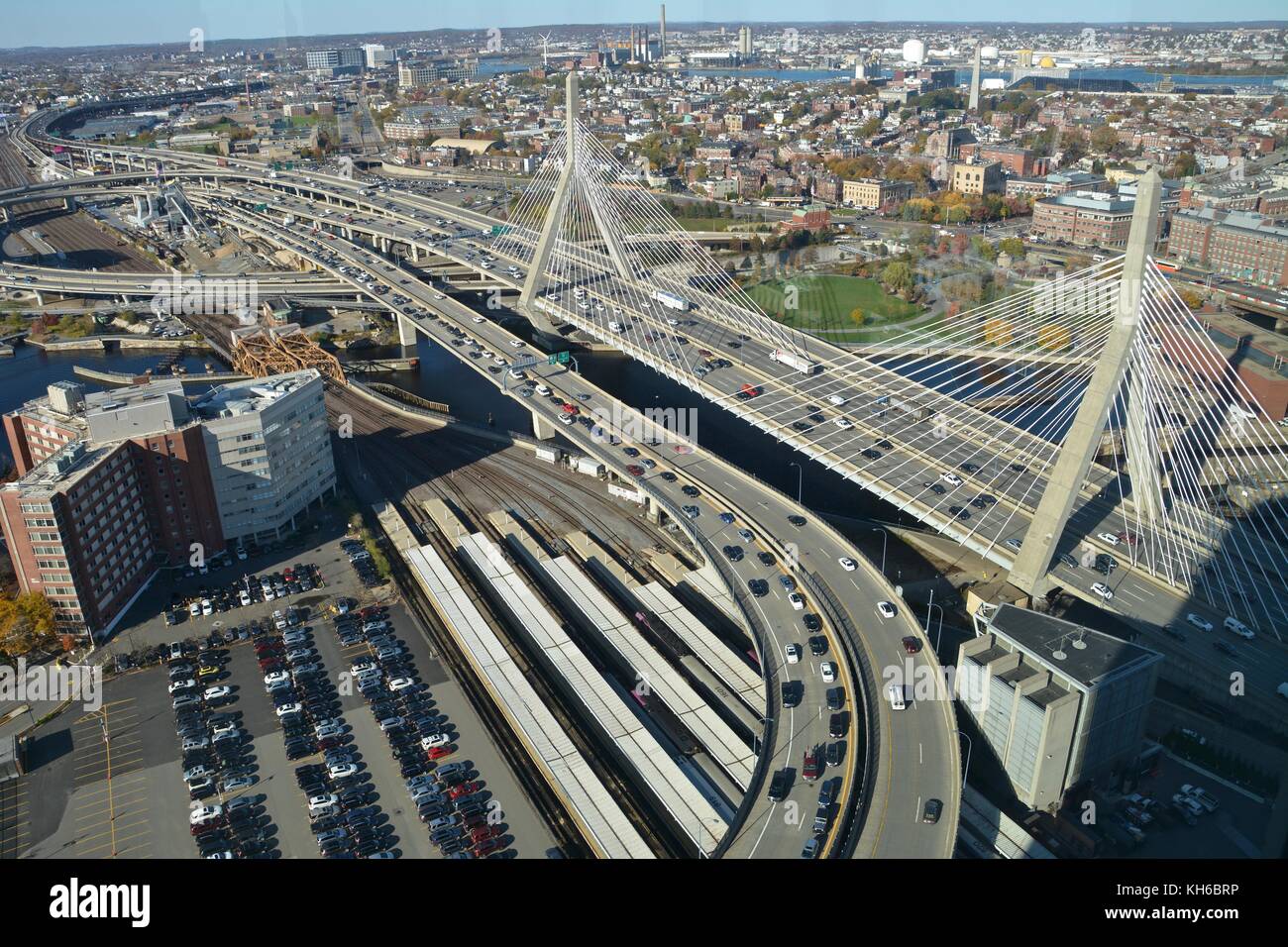 The Zakim Bridge in Boston, Massachusetts seen from above Stock Photo ...