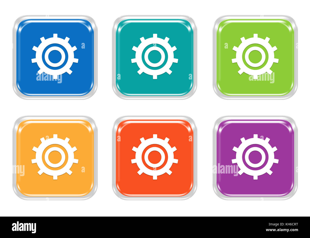 Set of rounded square colorful buttons with gears symbol in blue, green ...
