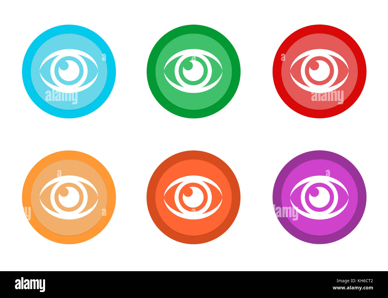 Set of rounded colorful buttons with eye symbol in blue, green, yellow ...