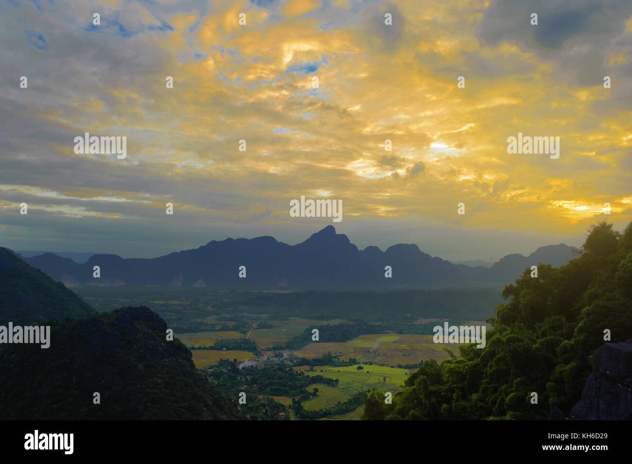 Beautiful landscape sunset from top view on the moutain of vang vieng, laos Stock Photo - Alamy