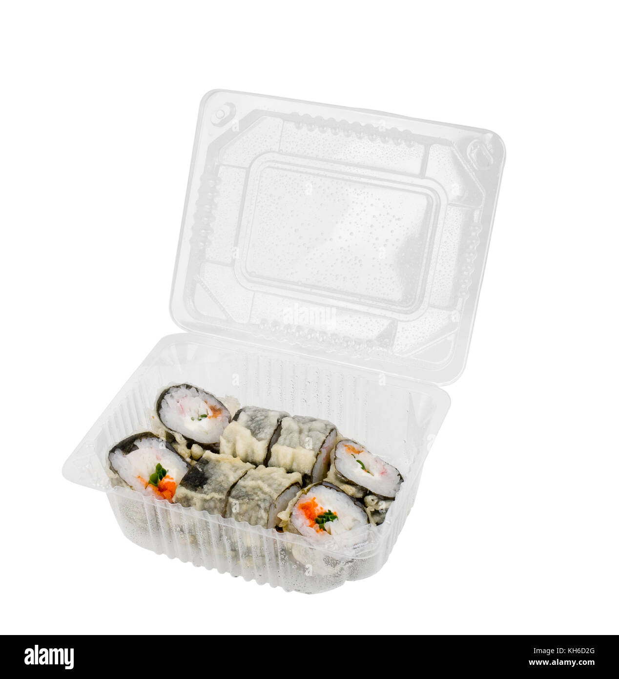 assorti sushi set in open plastic box isolated on white background ...