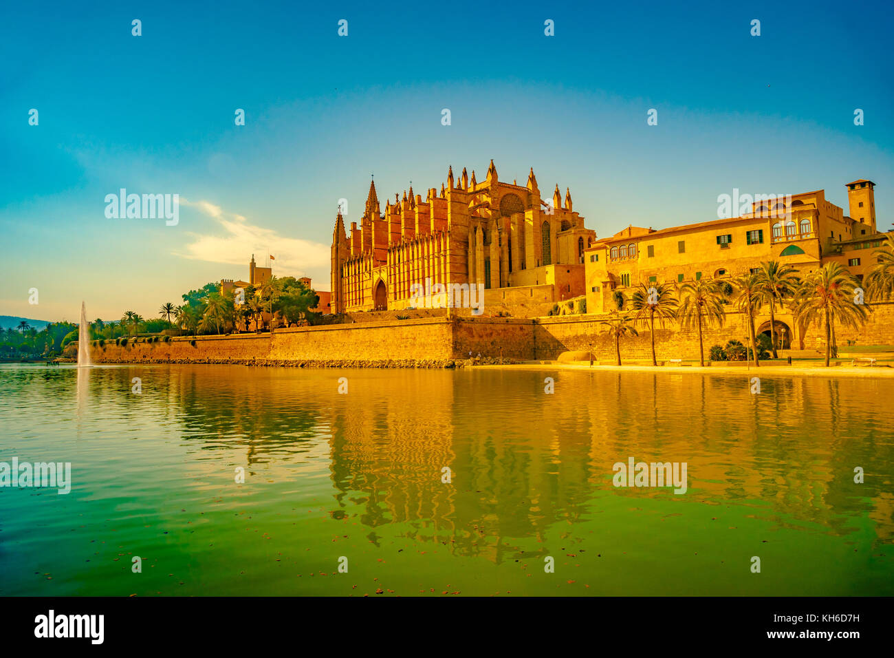 Cathedral of Palma de Mallorca, rear view from road. Big gothic church ...