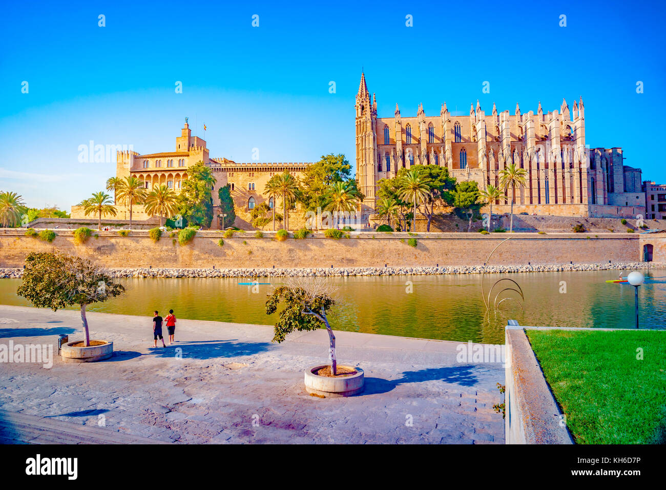 Cathedral of Palma de Mallorca, rear view from road. Big gothic church ...