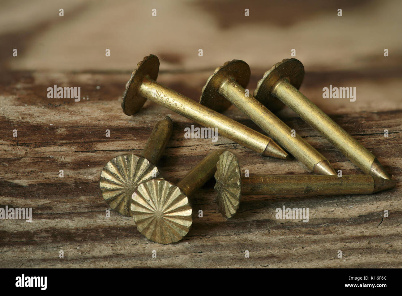 Upholstery sharp nails on a wooden surface board Stock Photo - Alamy