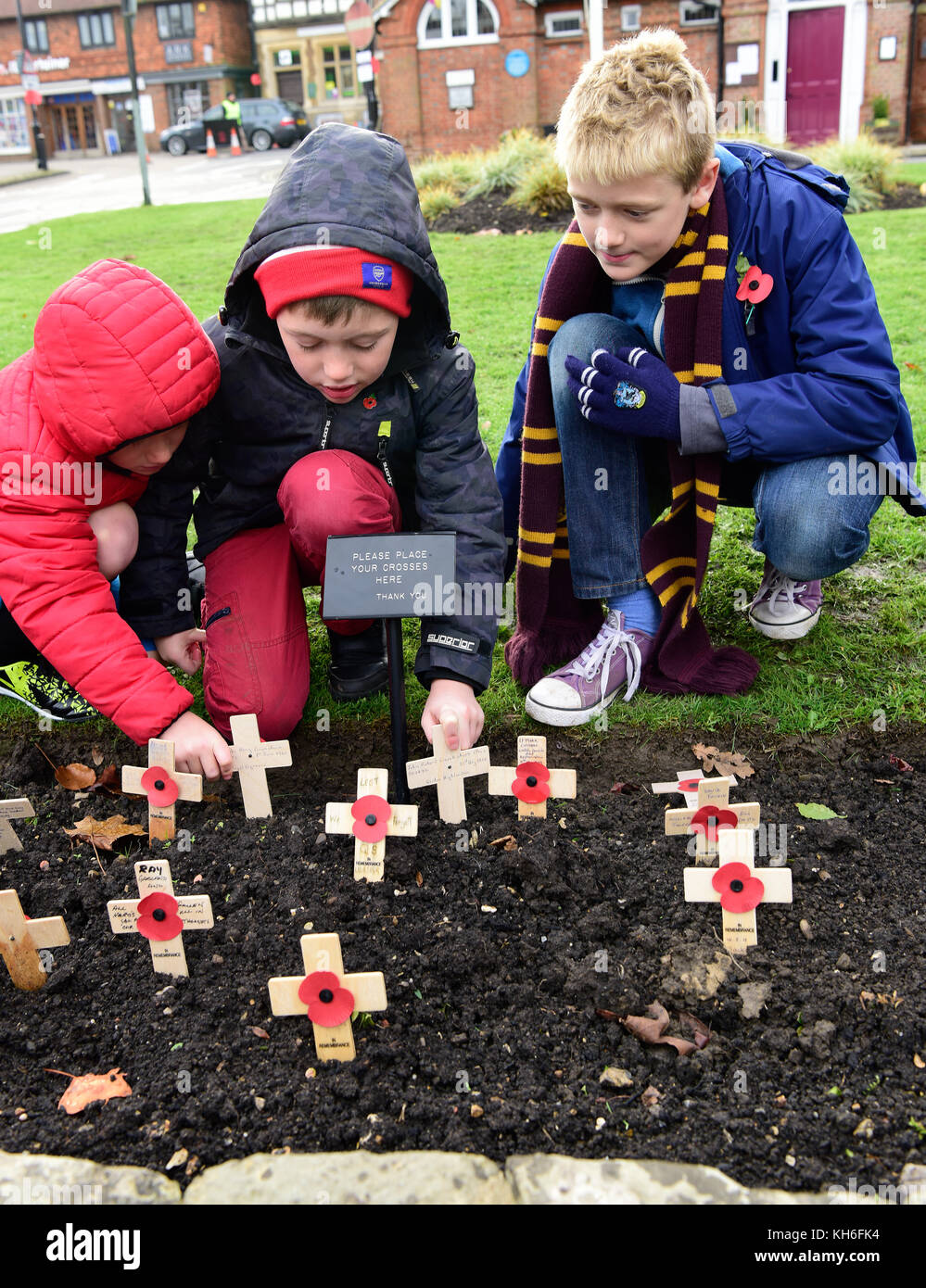 Children planting poppies on Remembrance Sunday, War Memorial ...
