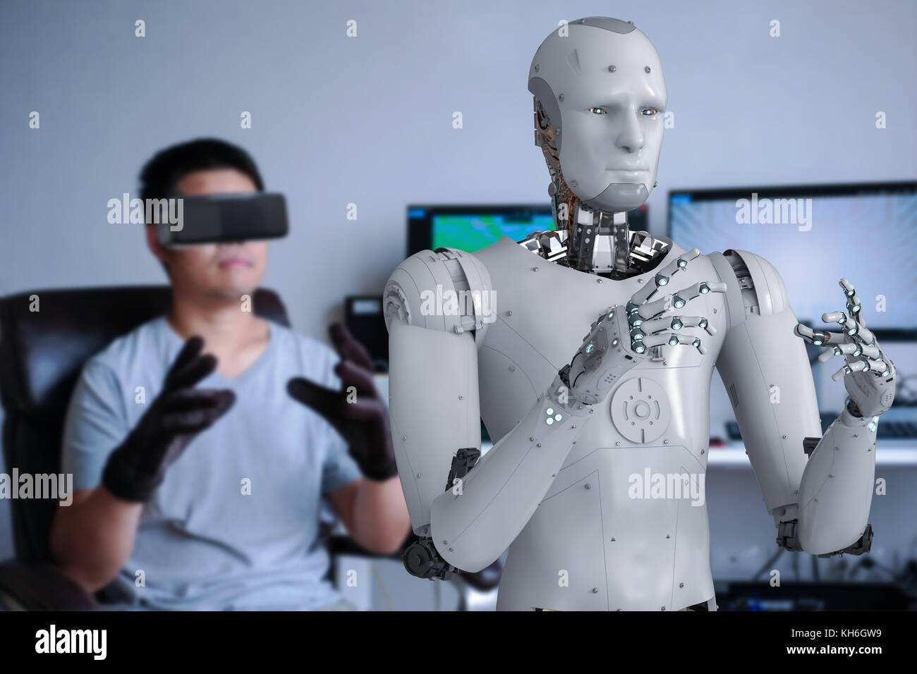 human wearing vr headset and control 3d rendering robot Stock Photo - Alamy