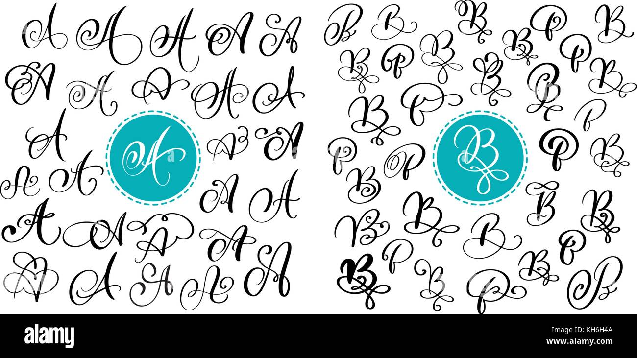 Set of Hand drawn vector calligraphy letter A and B. Script font. Isolated letters written with ...