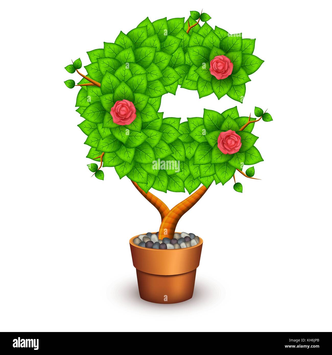 Isolated tree with flowers in clay pot. In the form of letter C. Vector ...