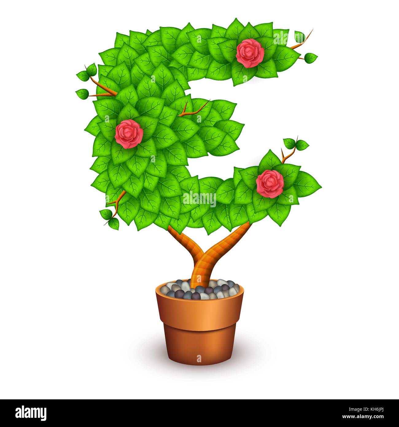 Isolated tree with flowers in clay pot. In the form of letter E. Vector ...