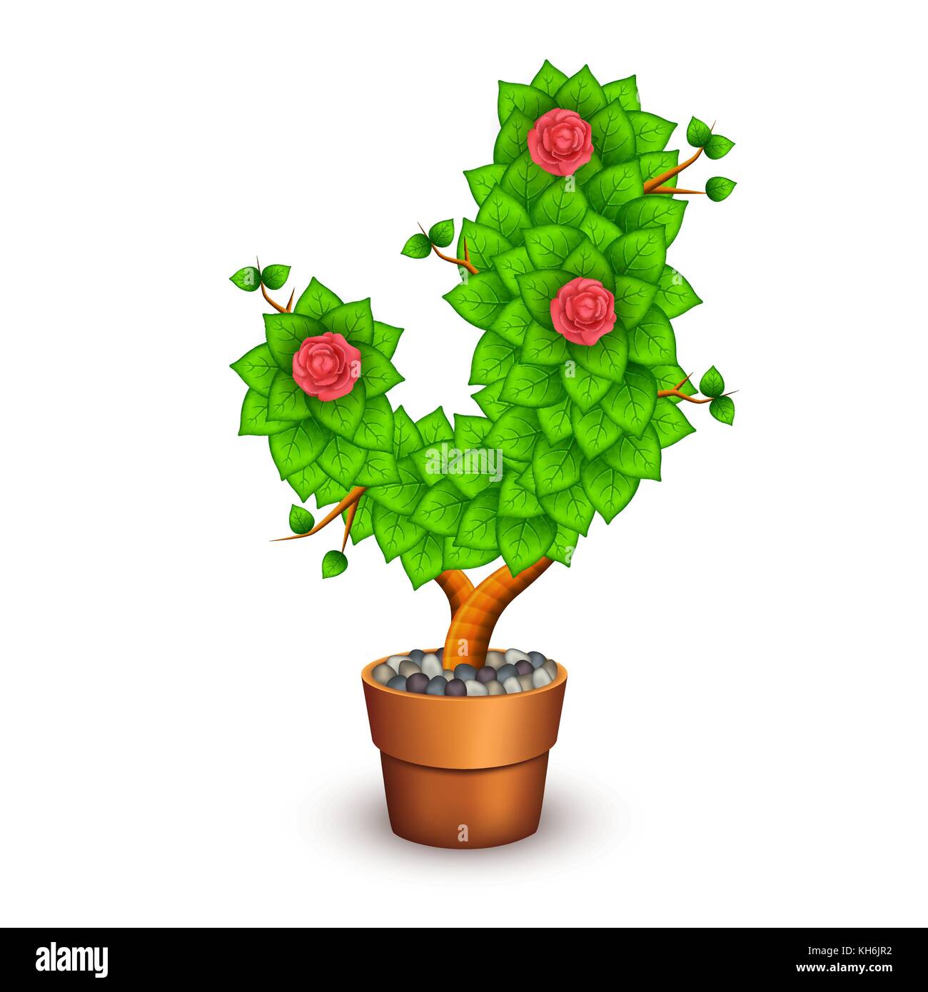 Isolated tree with flowers in clay pot. In the form of letter J. Vector ...