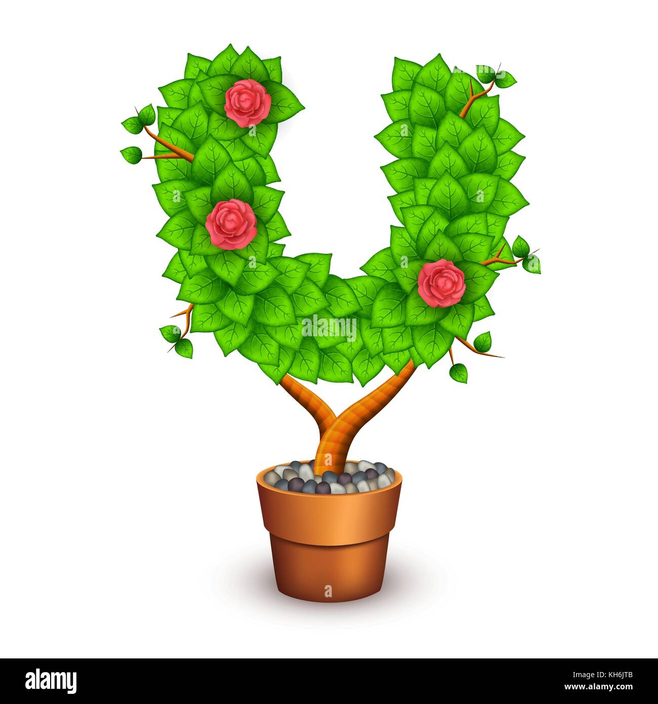 Isolated tree with flowers in clay pot. In the form of letter U. Vector ...