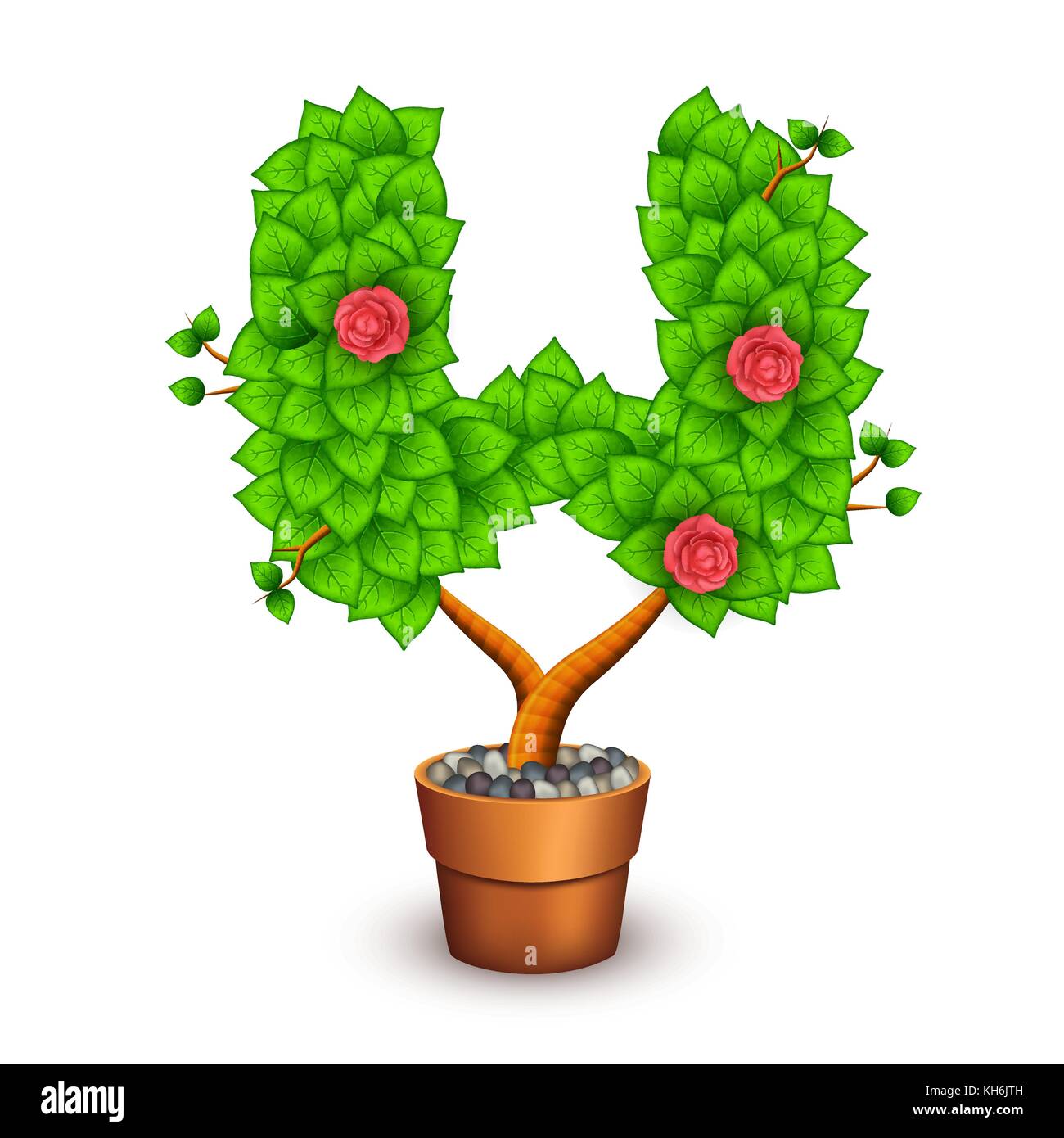 Isolated tree with flowers in clay pot. In the form of letter W. Vector ...