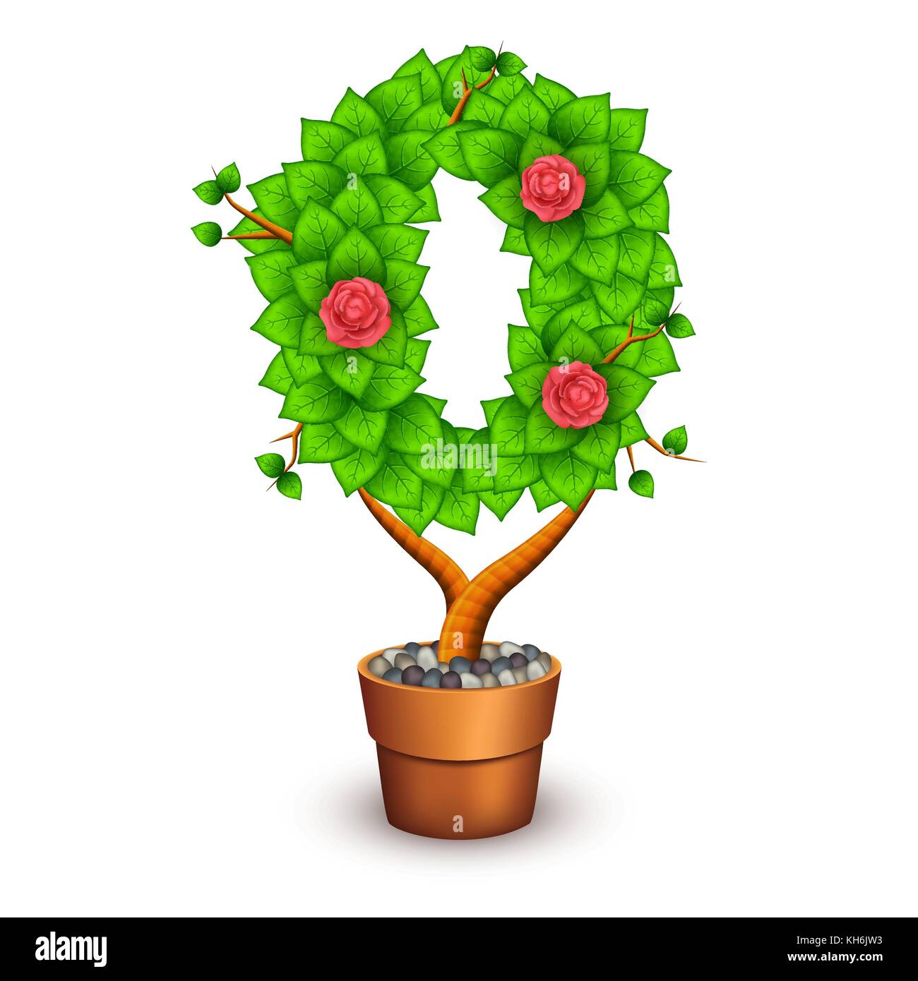 Isolated tree with flowers in clay pot. In the form of number 0. Vector ...