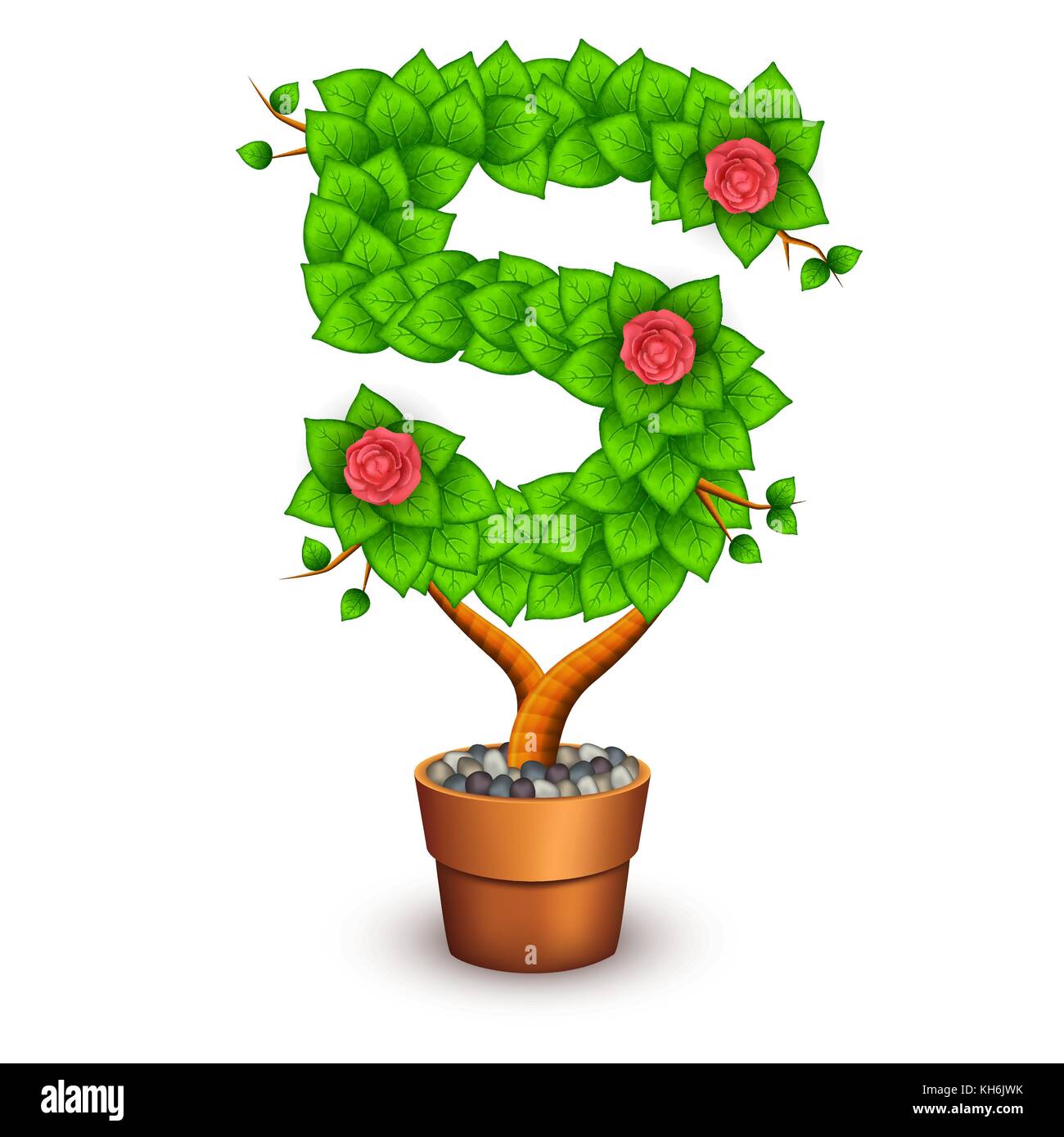 Isolated tree with flowers in clay pot. In the form of number 5. Vector ...