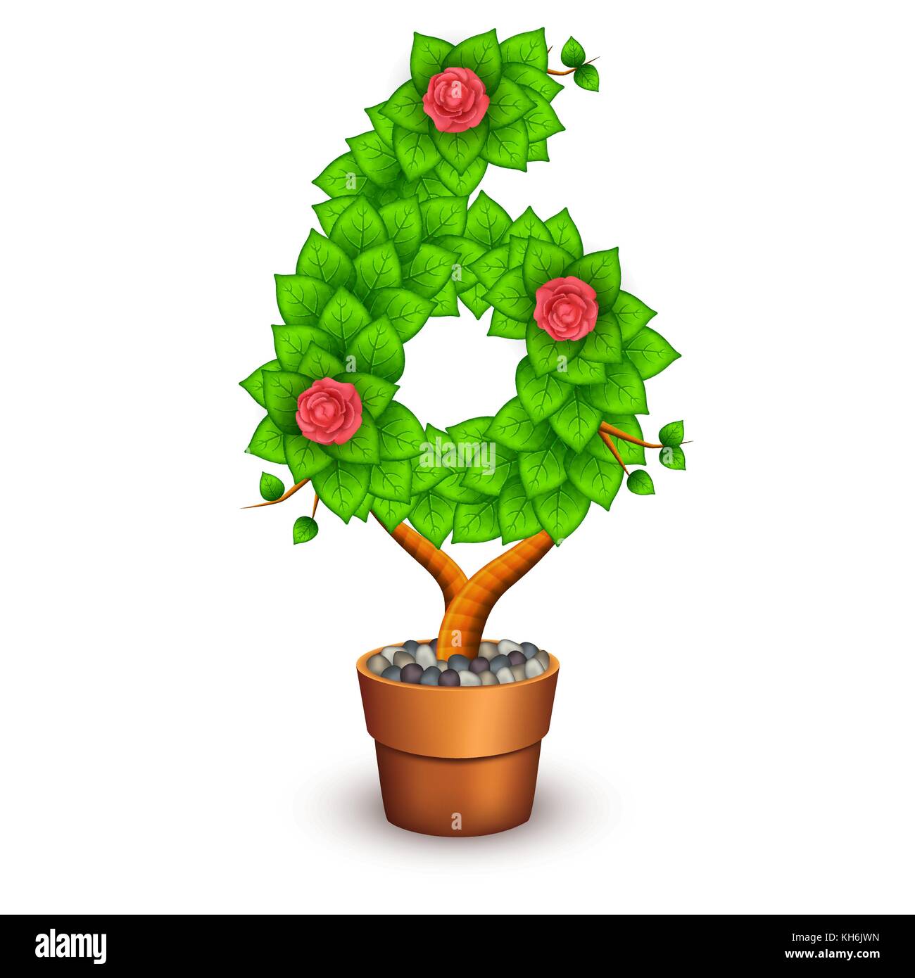 Isolated tree with flowers in clay pot. In the form of number 6. Vector ...