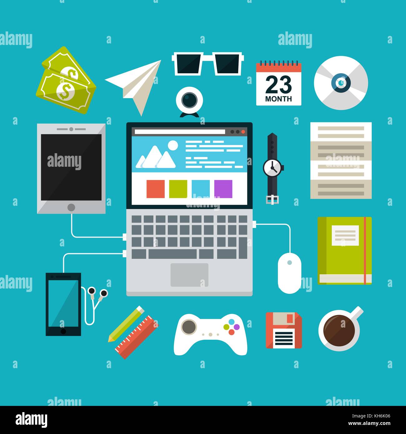 Set of flat design concept icons for workspace. Vector illustration in ...