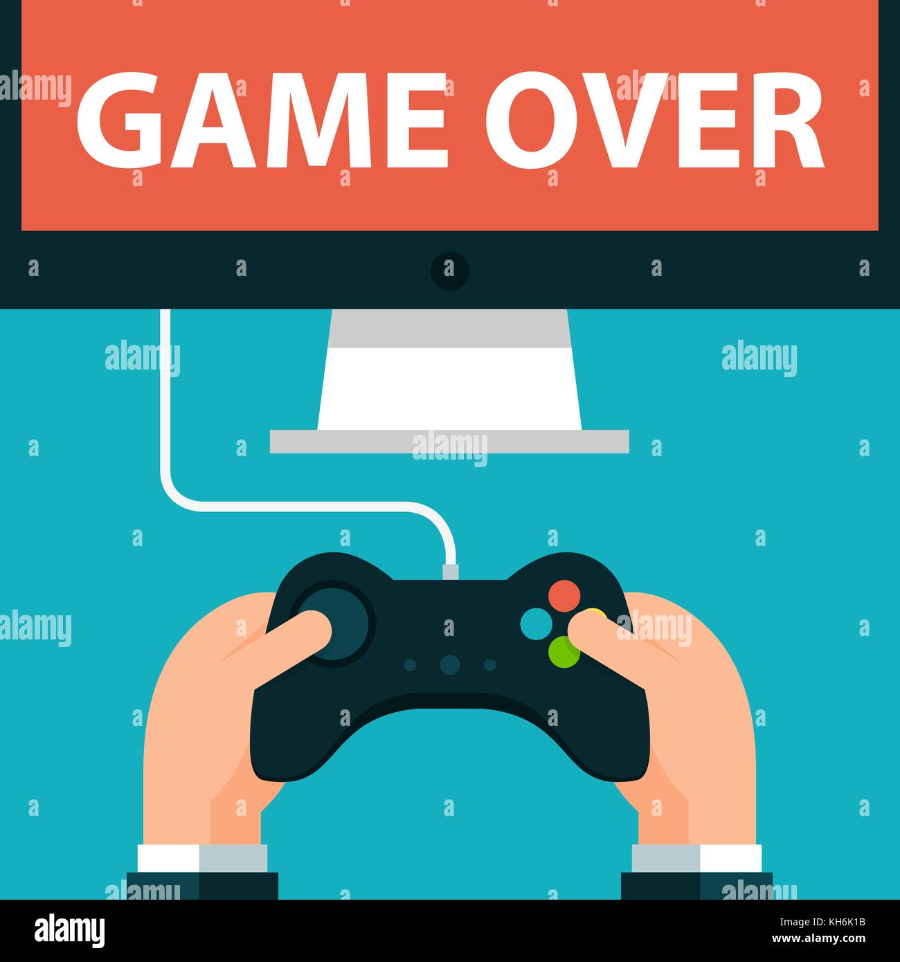 Hands holding joystick and monitor screen Game over. Vector ...