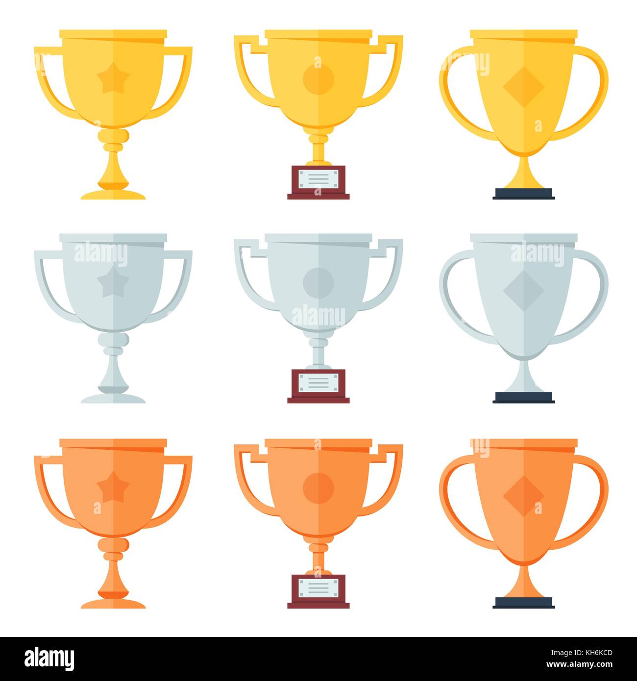 Gold, silver, bronze trophy in flat icons set. Vector illustration in ...
