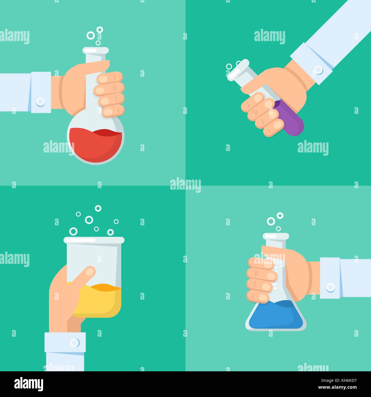 Vector illustration and banner. Flat background with hand and flask ...