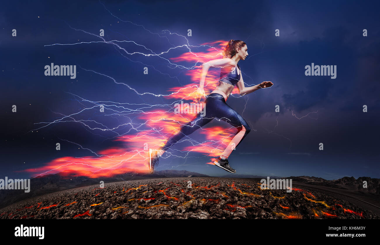 Side view of sporty woman running fast against stormy sky with ...