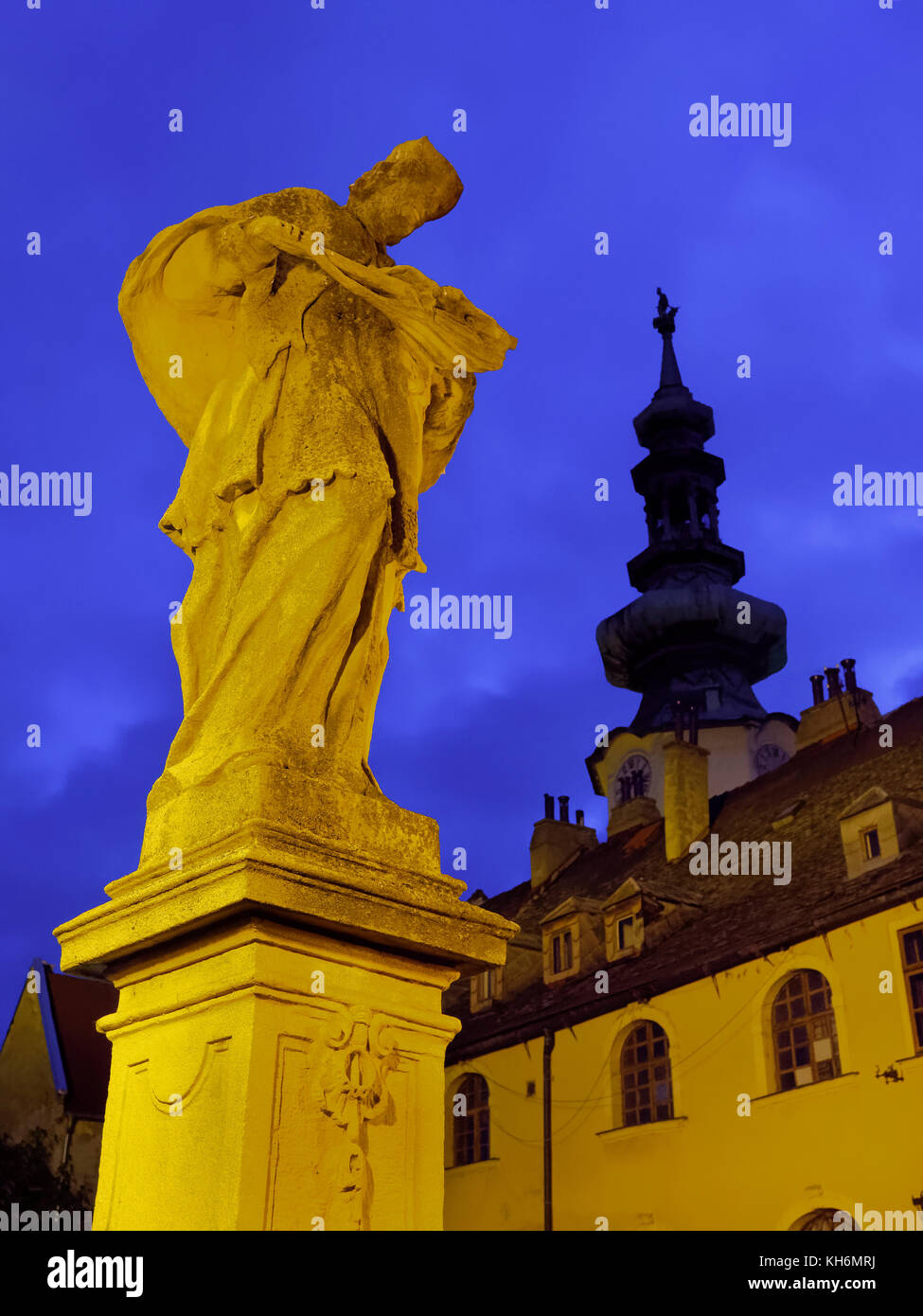 Tower of Michaeler Gate and statue on bridge, Bratislava, Bratislavsky ...