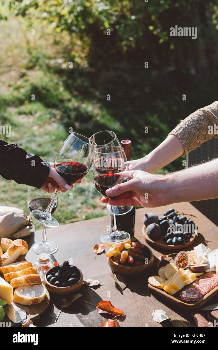 people clinking glasses of red wine Stock Photo - Alamy