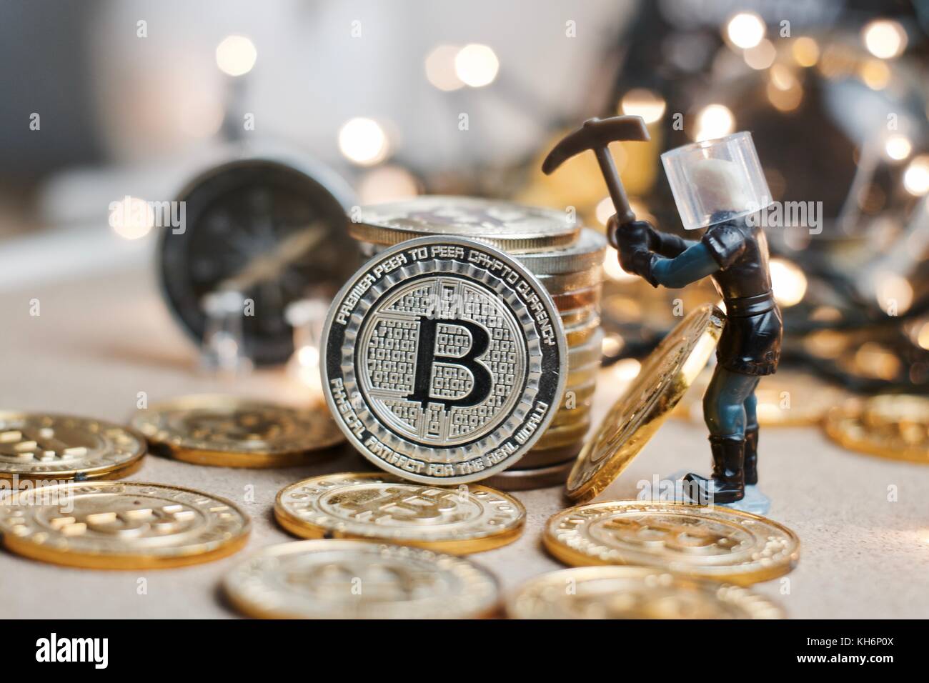 Digital currency physical metal coin. Christmas cryptocurrency concept ...