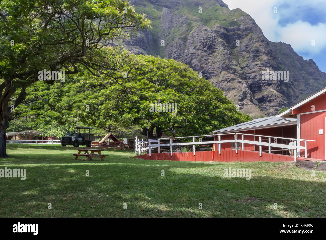 Kualoa Ranch and mountains on the Island of Oahu Stock Photo - Alamy