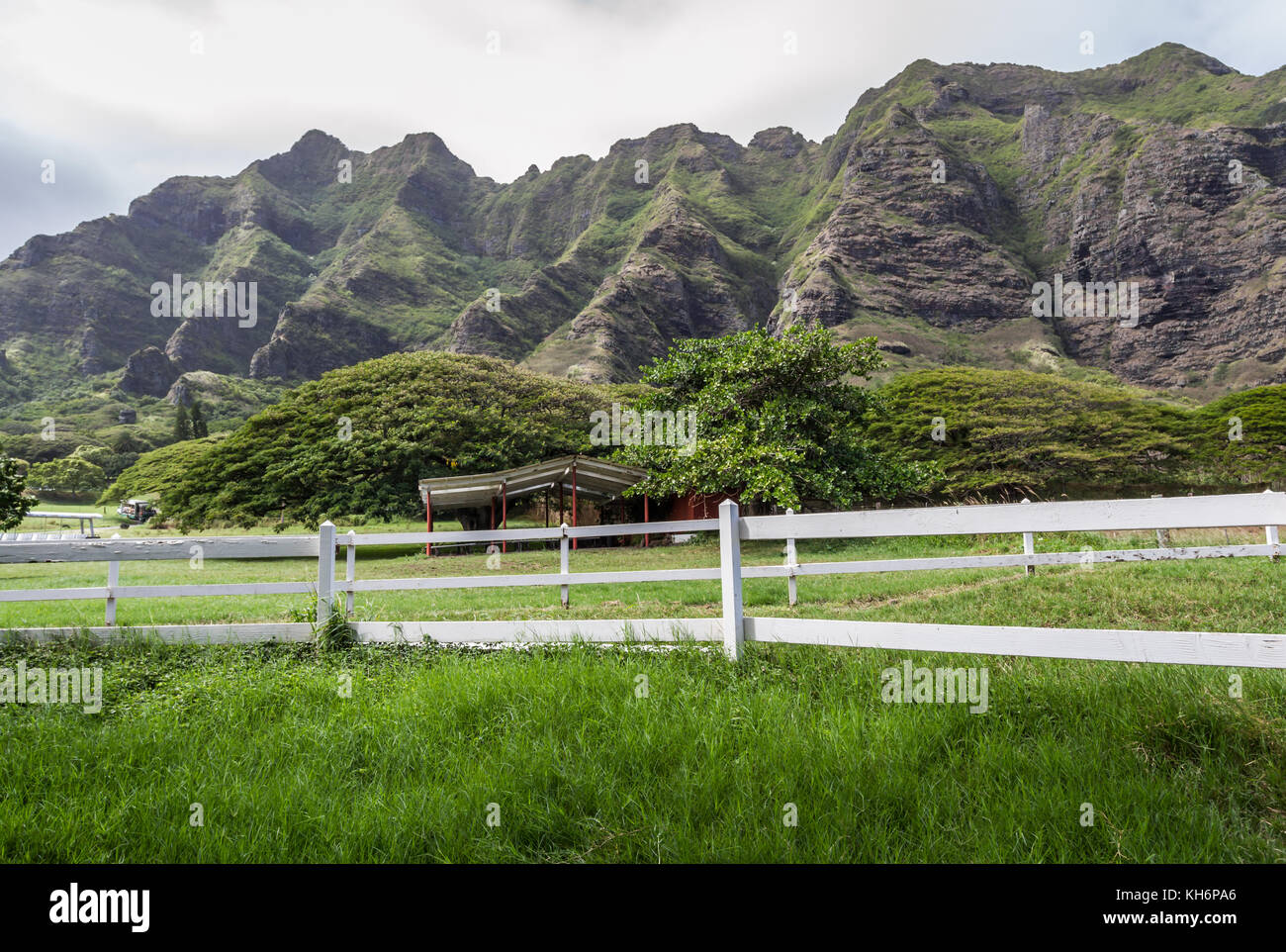 Kualoa Ranch and mountains on the Island of Oahu Stock Photo - Alamy