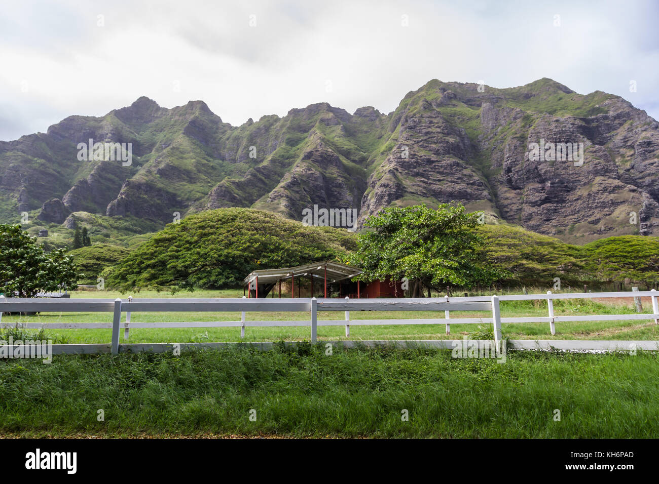 Kualoa Ranch and mountains on the Island of Oahu Stock Photo - Alamy