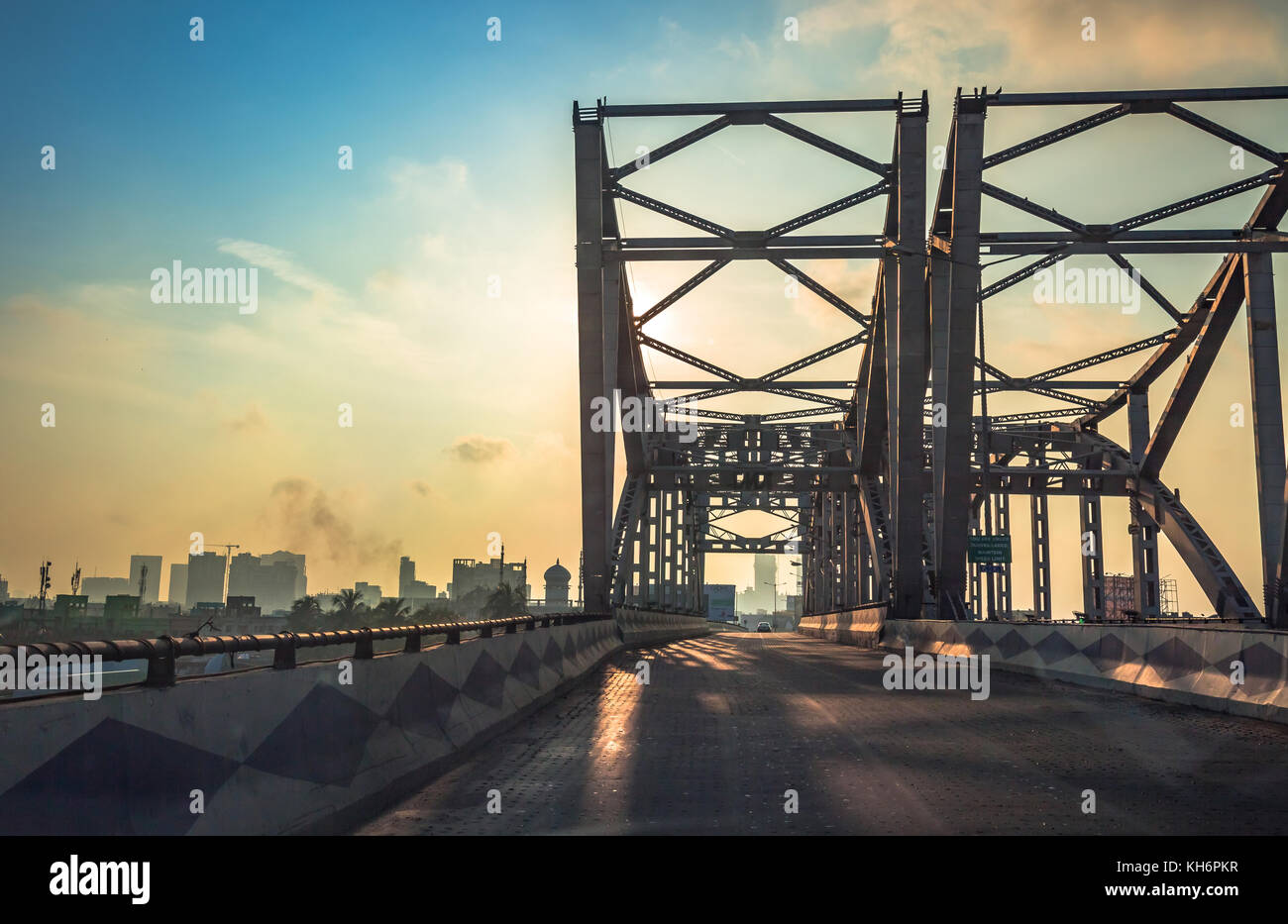 City over bridge flyover in Kolkata at sunrise with moody sky and ...