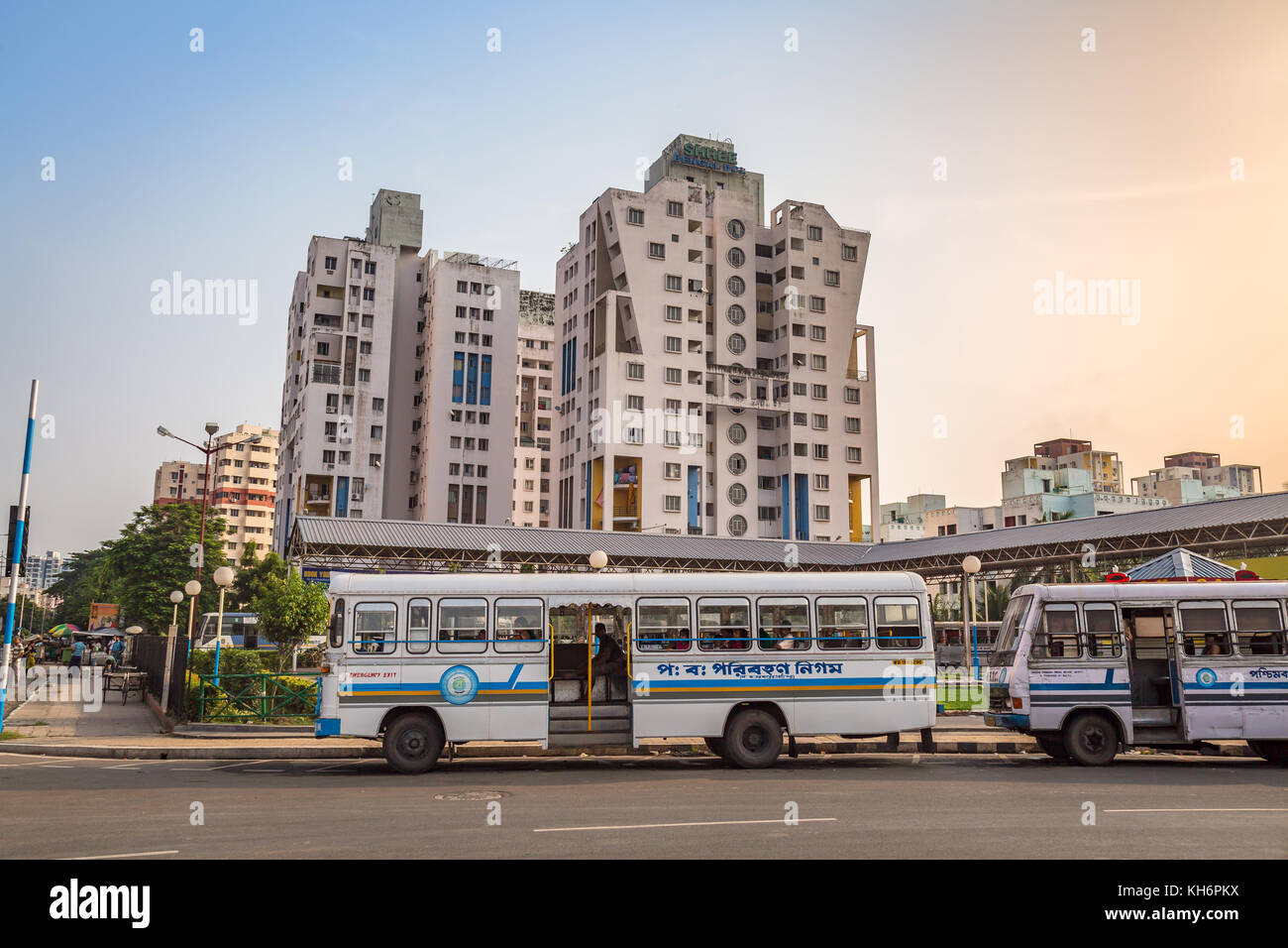 City residential buildings with public transport bus depot at Rajarhat ...