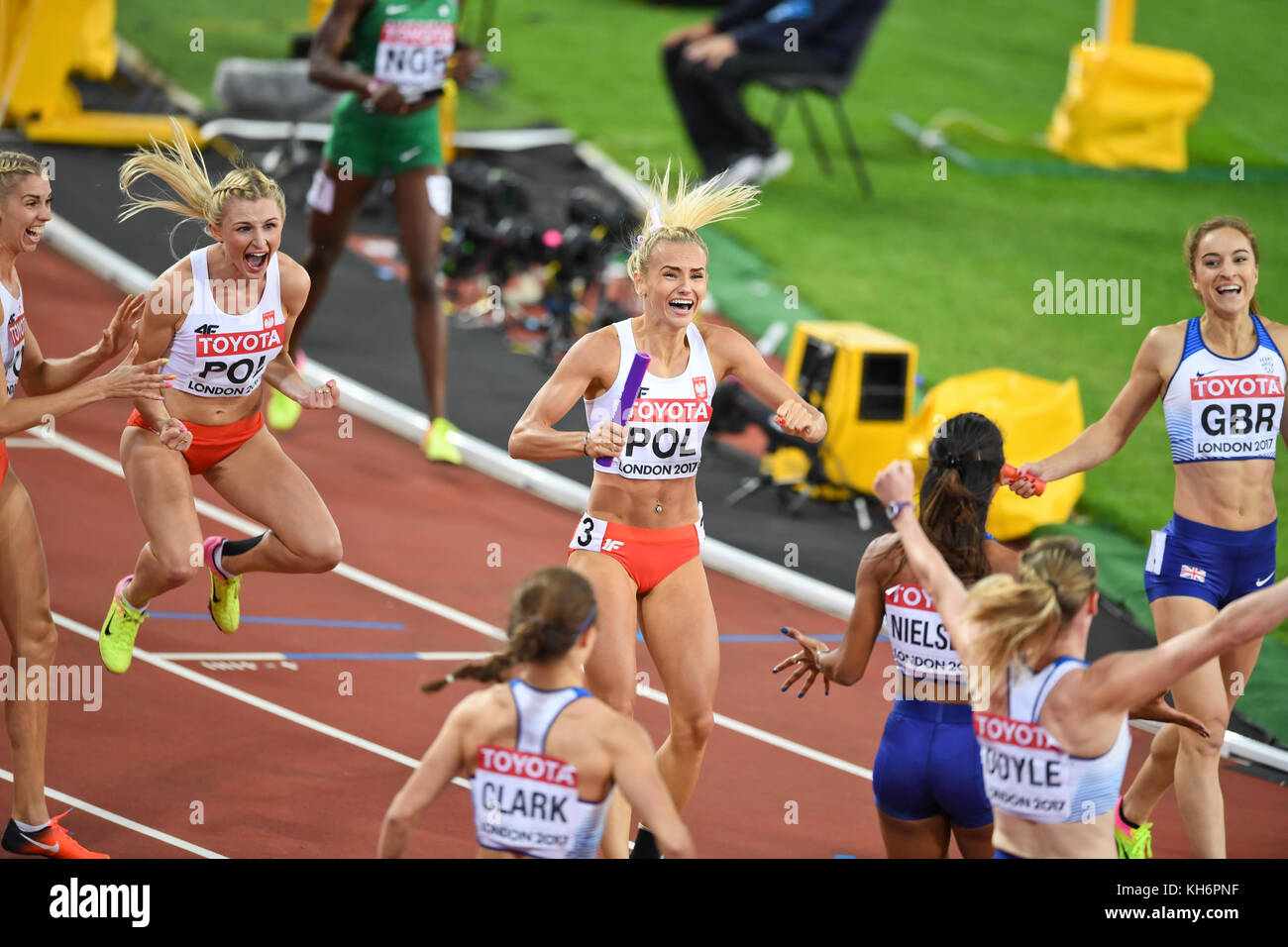 Polish team celebrates their Silver Medal at the 4x400 Metres Relay ...
