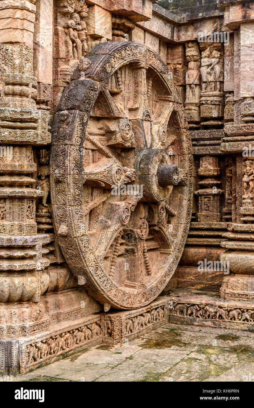 Intricate carvings on a stone wheel in the ancient Hindu Sun Temple at ...