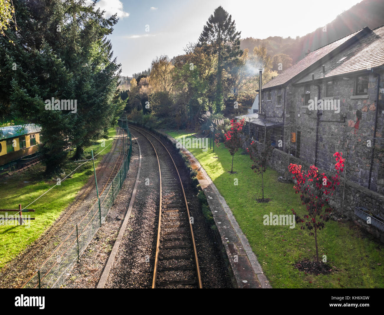 Conwy Valley ssingle track railway at the village of Betws-y-Coed ...
