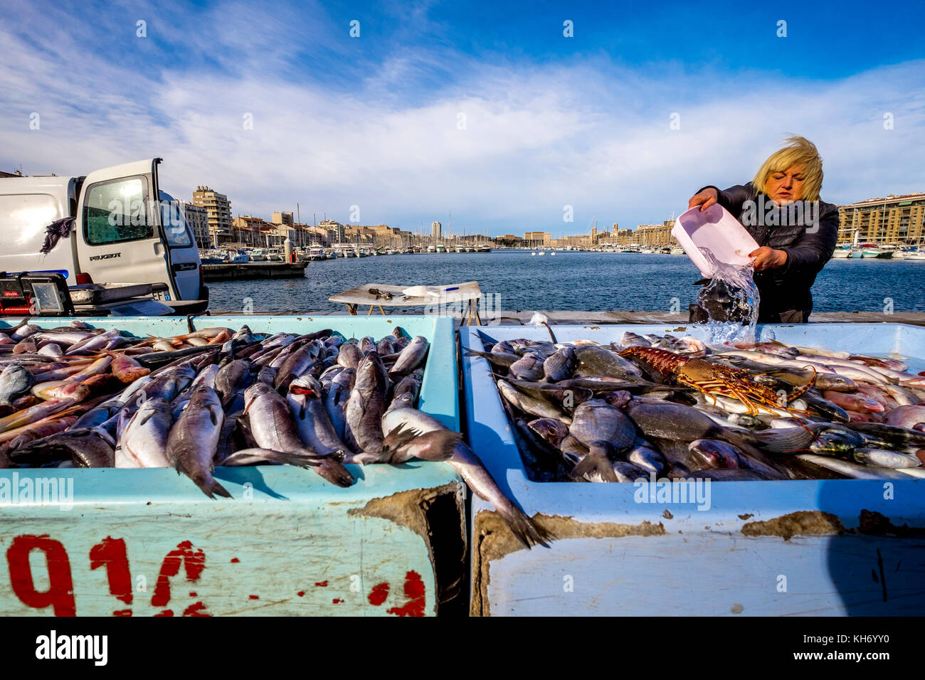 Marseille, France - March 6, 2017: Fish seller at the fish market at ...