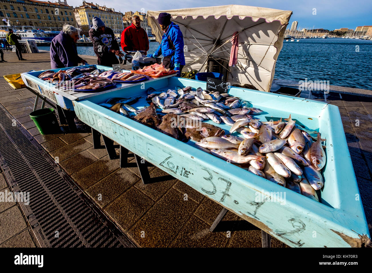 Marseille, France - March 6, 2017: Fish seller at the fish market at ...