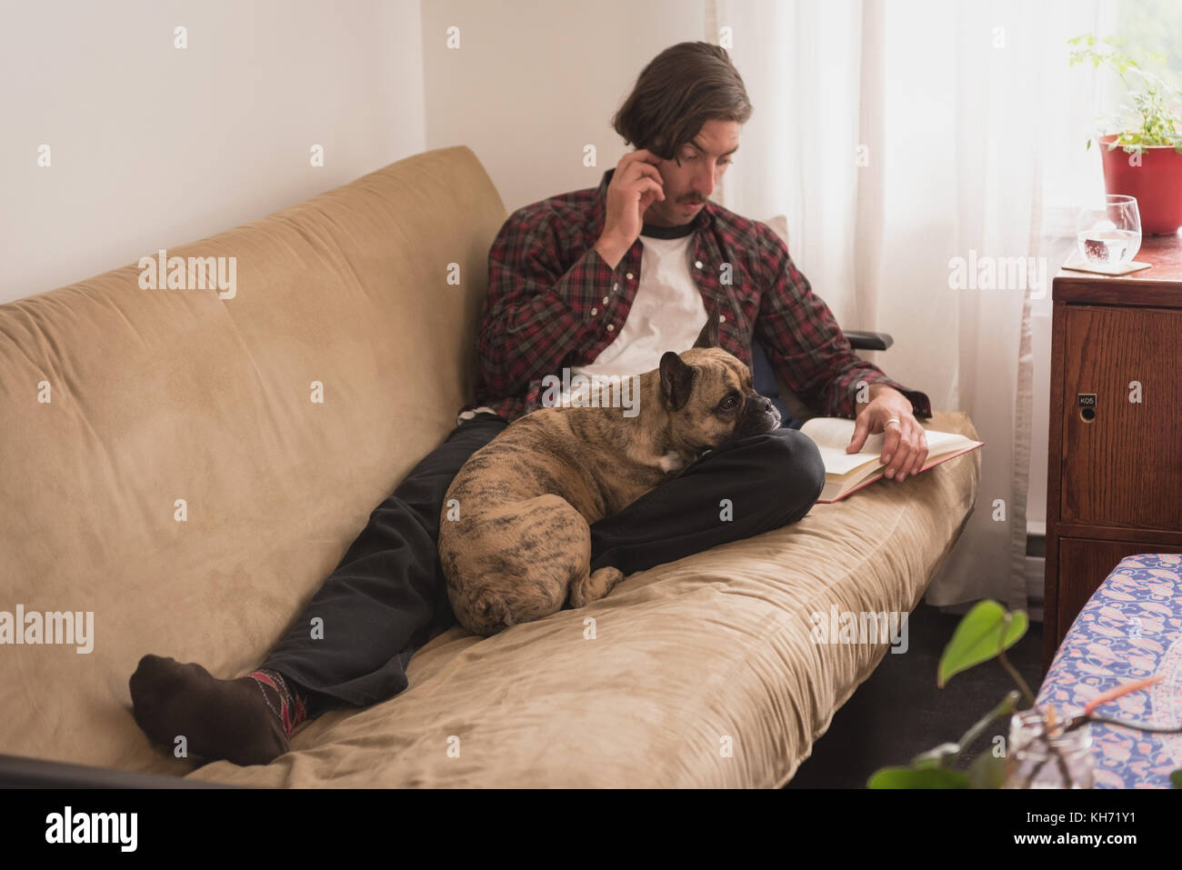 Man with his dog reading novel on sofa at home Stock Photo - Alamy