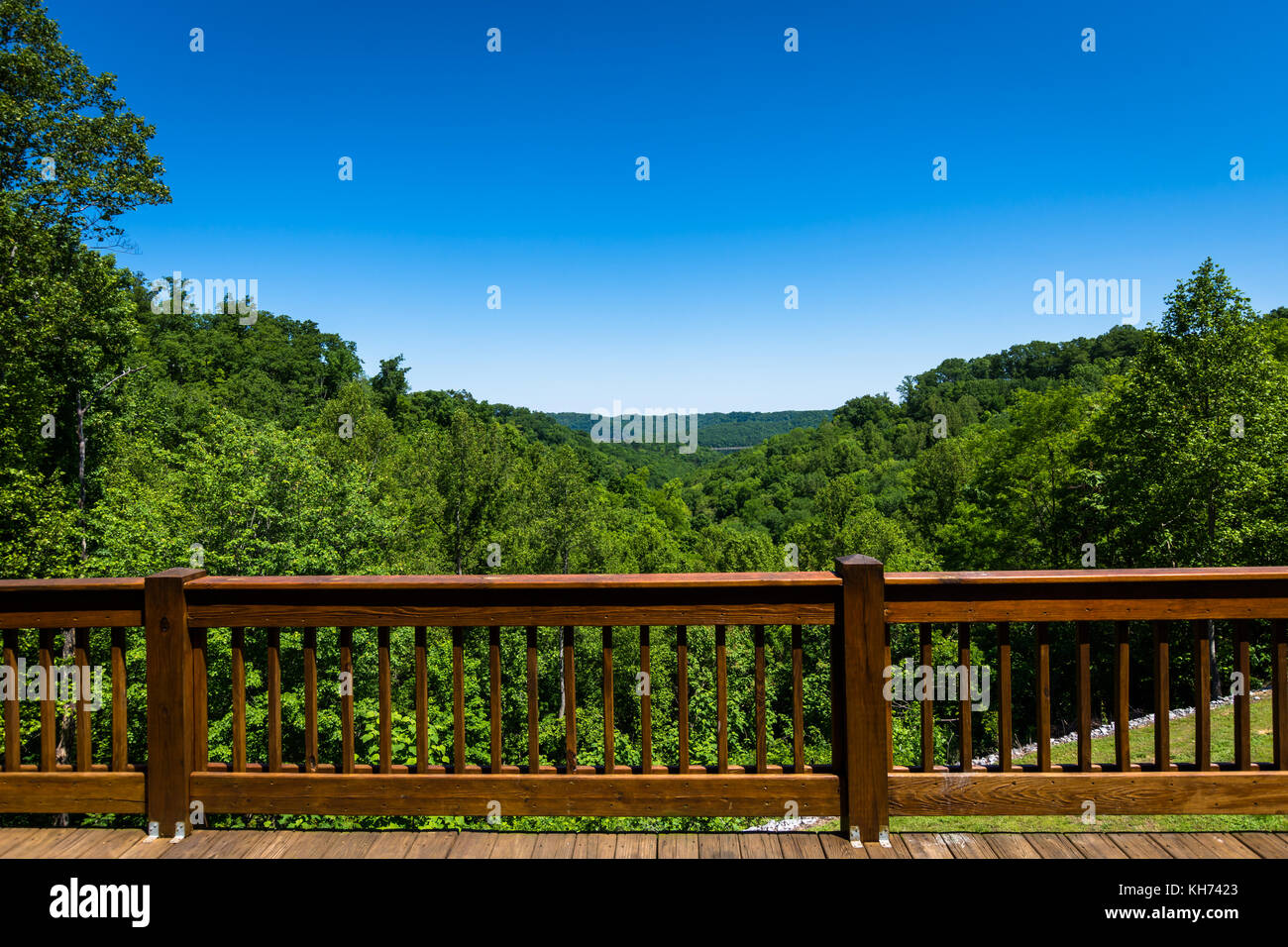 A wooden balcony overlooking a forest in the middle of the day Stock ...