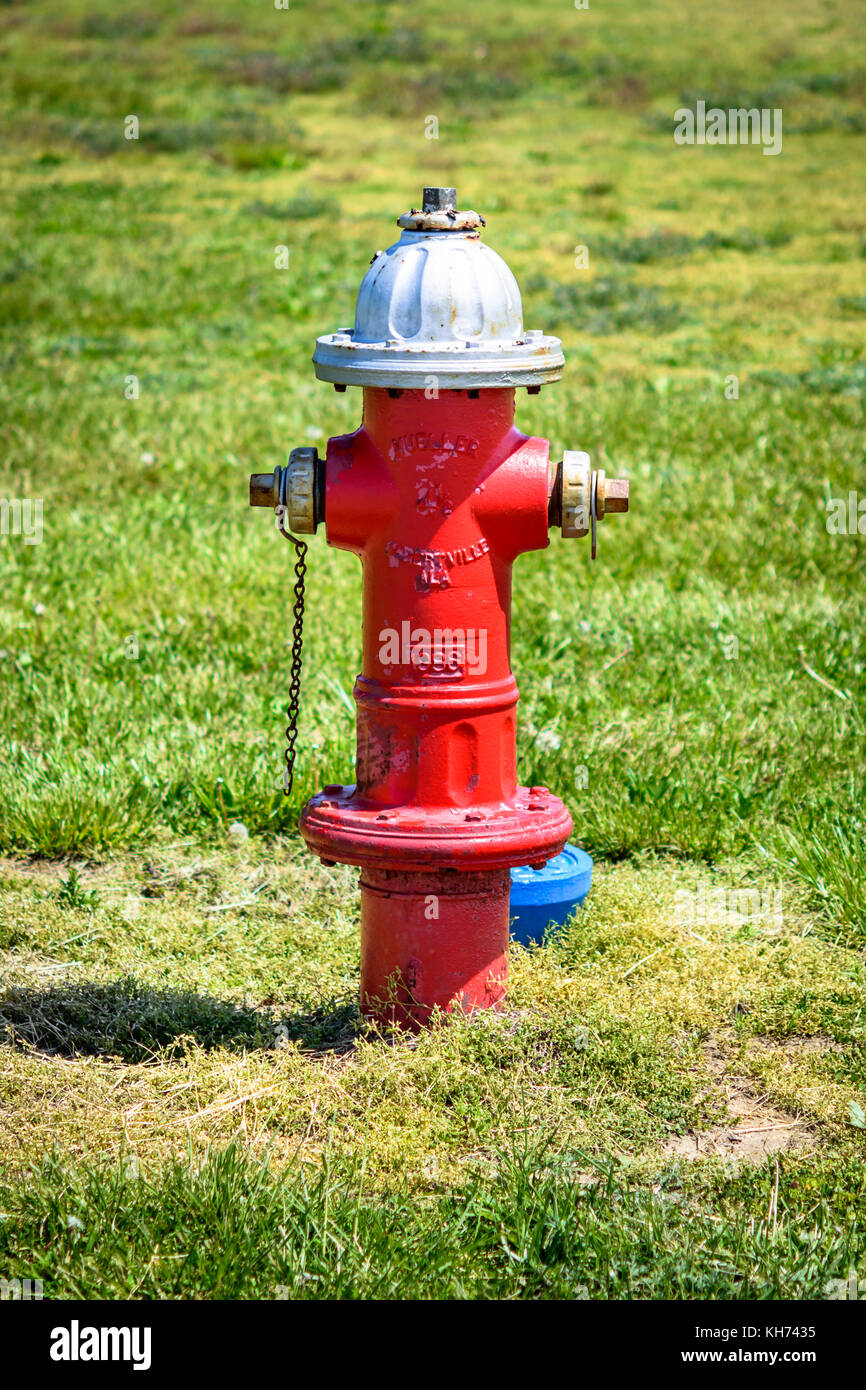 A red fire hydrant in a grass field on a sunny day Stock Photo - Alamy